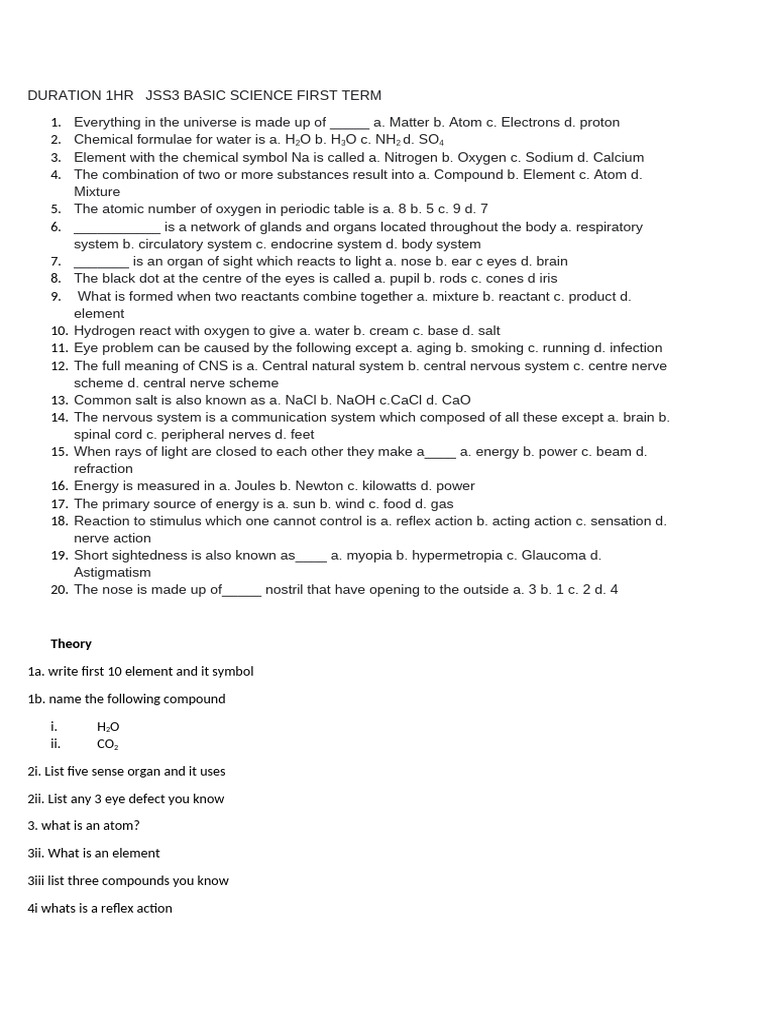 JSS3 First Term Exam Question | PDF