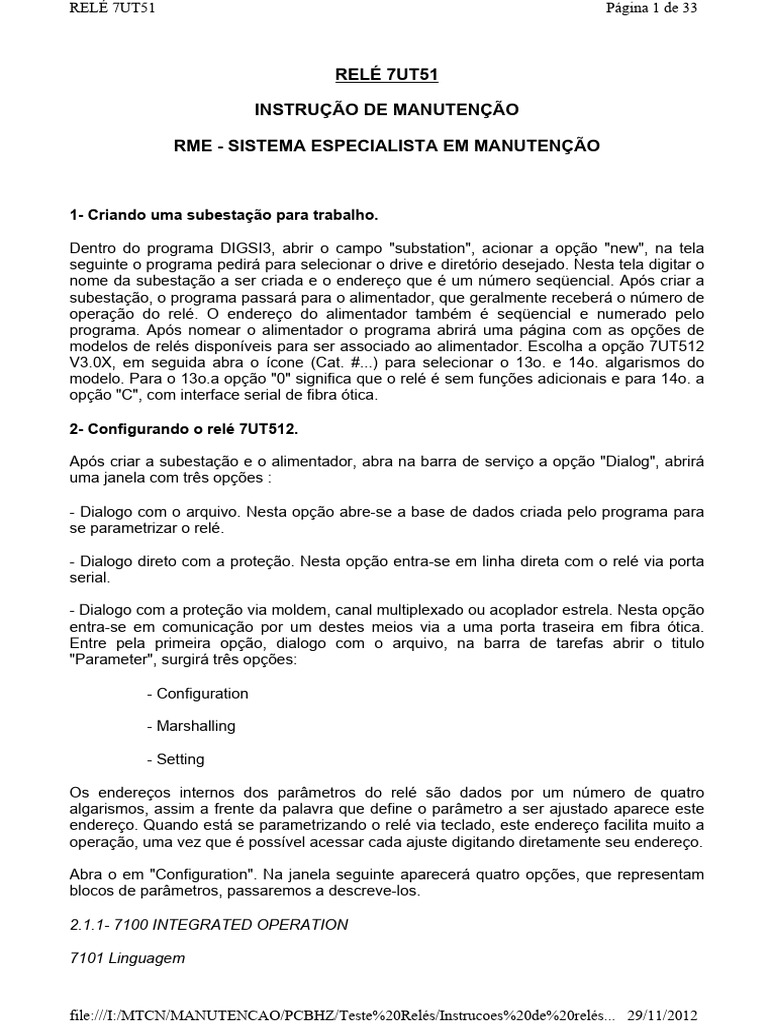 Manutenção do Relé 7UT512 | PDF | Relé | Tempo