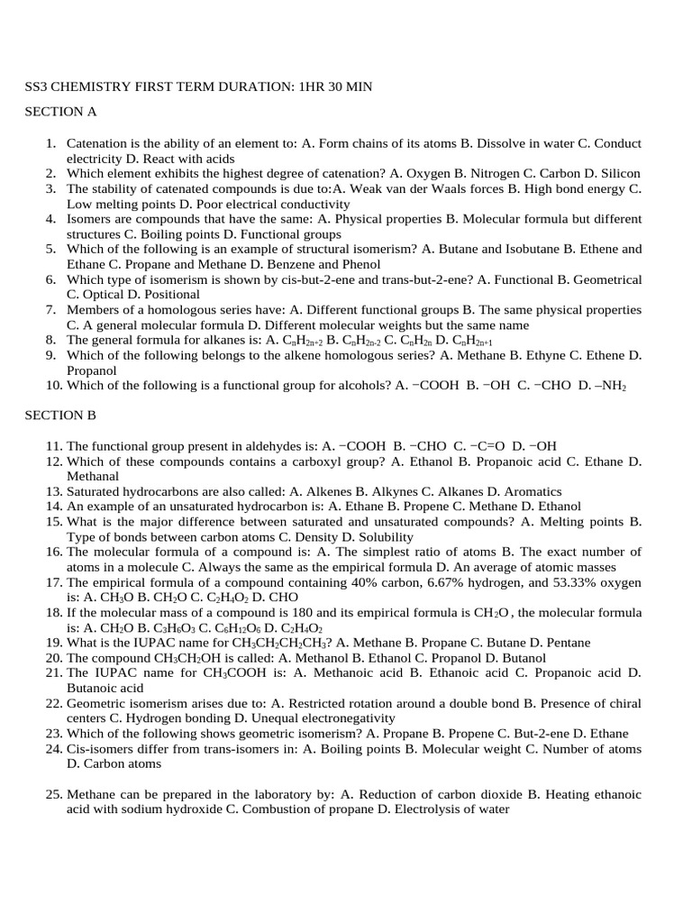 SS3 Chemistry First Term | PDF | Alkane | Functional Group