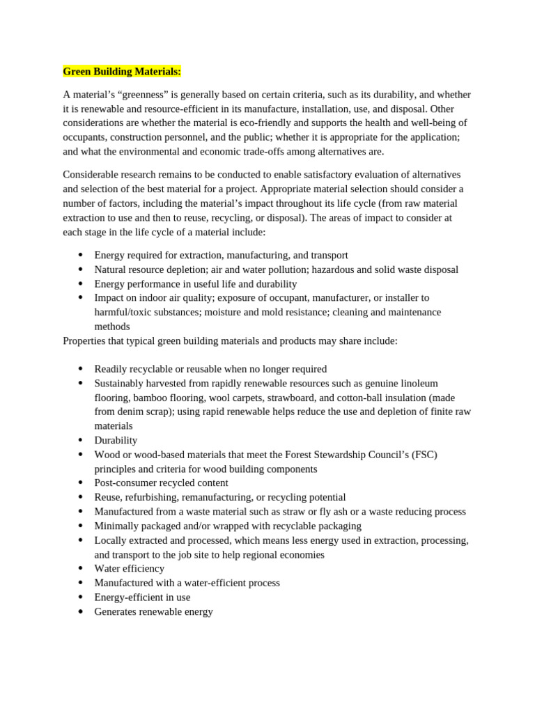 Sustainable Green Building Materials Guide | PDF | Cement | Volatile ...