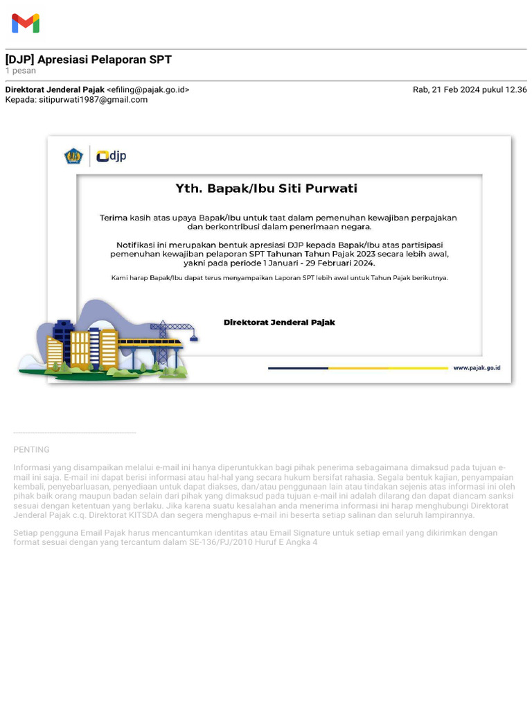Gmail - (DJP) Apresiasi Pelaporan SPT | PDF