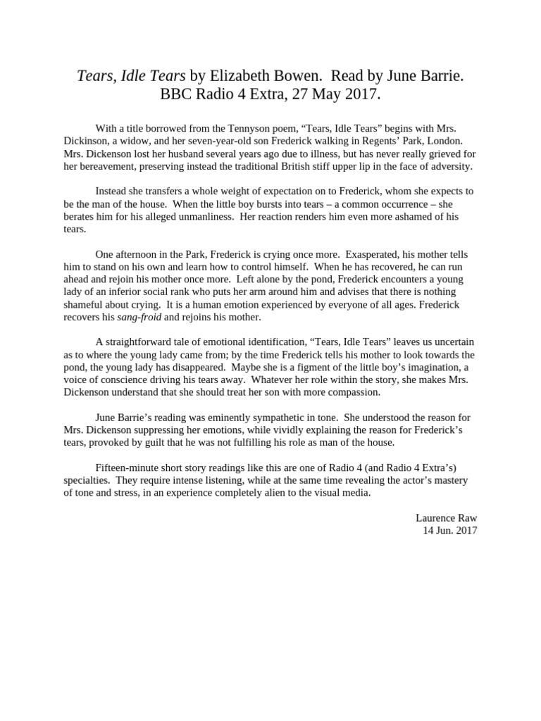 Tears Idle Tears by Elizabeth Bowen Docx 3 | PDF