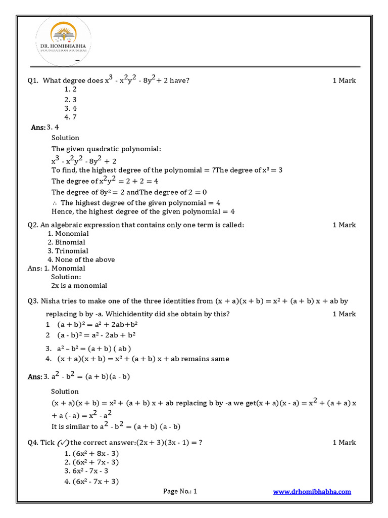 Algebraic Expressions and Identities Worksheet C | PDF | Numerical ...