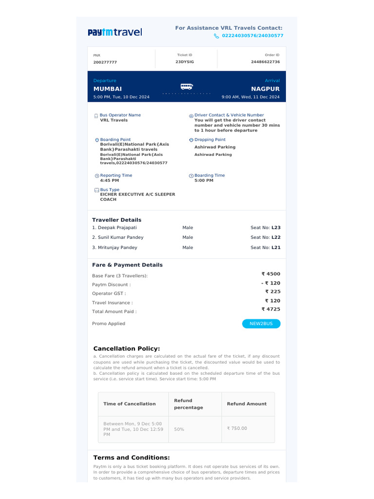 Mumbai to Nagpur Bus Ticket Details | PDF | Identity Document | Bus