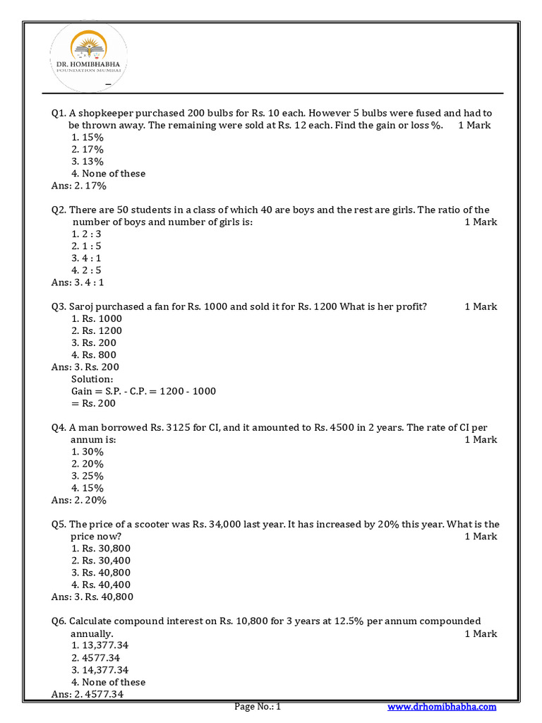 Std 8 Maths Worksheet: Comparing Quantities | PDF | Financial Services