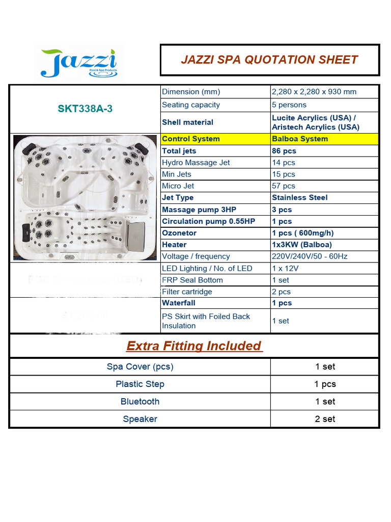 Jazzi Spa Quotation Sheet SKT338A-3 | PDF