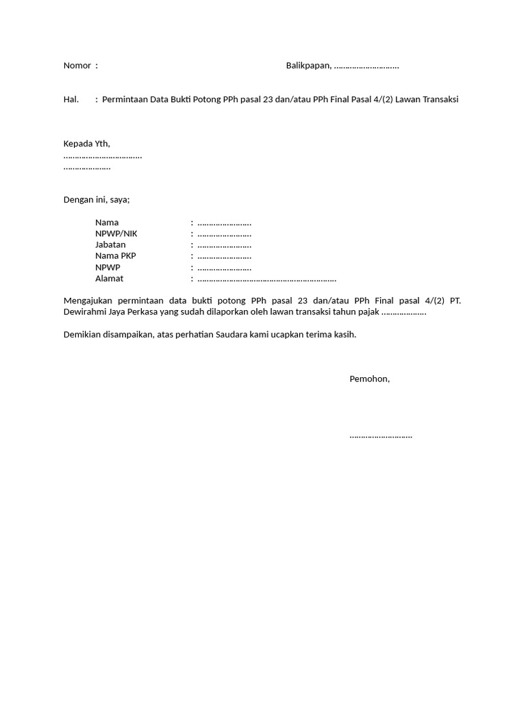 Form Permintaan Data Bupot Lawan Transaksi | PDF