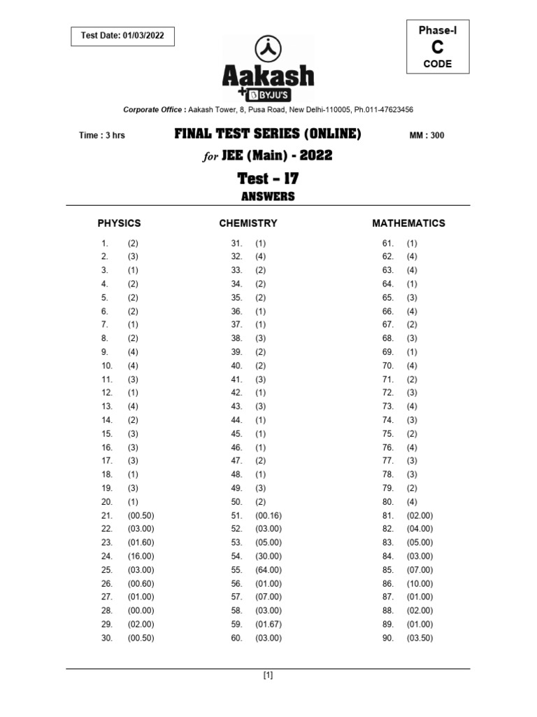 FTS-17 - JEE (Main) - Phase-1 - 01-03-2022 Soln. | PDF | Chemistry | Applied And ...