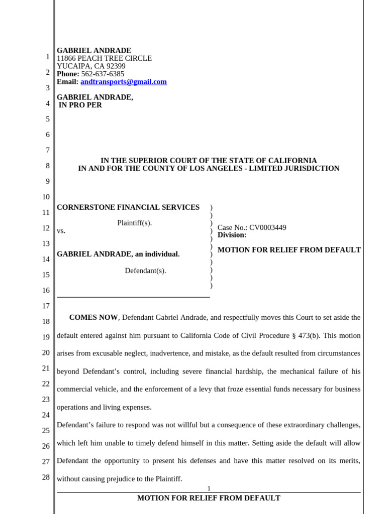 Motion For Relief From Default | PDF | Default Judgment | Equity (Law)