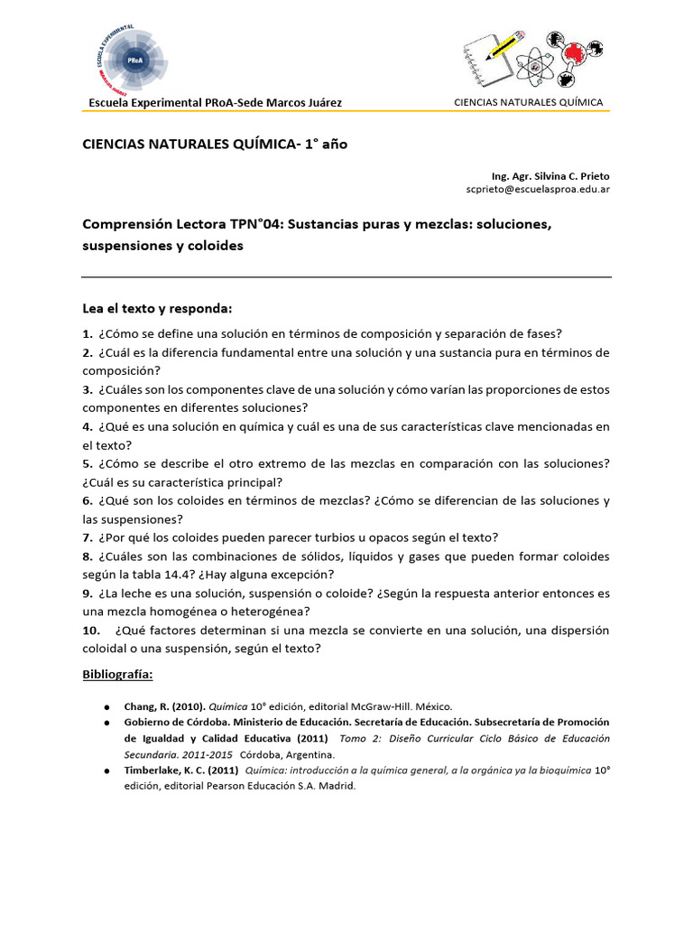 Comprensión Lectora TPN°04-Soluciones, Suspensiones y Coloides | PDF