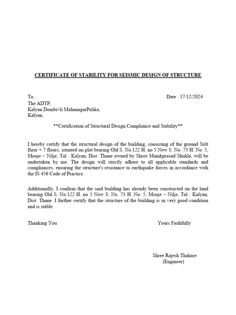 Seismic Stability Certificate for Structure | PDF