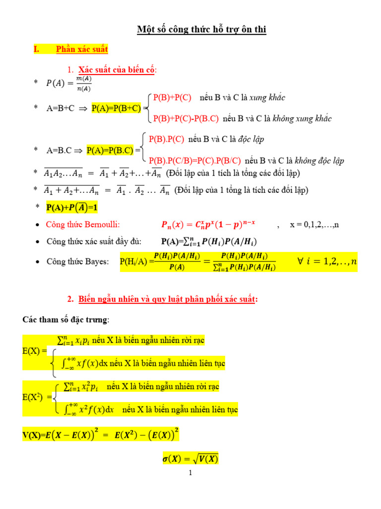 Mot So Cong Thuc Mon XSTK Ôn Thi | PDF