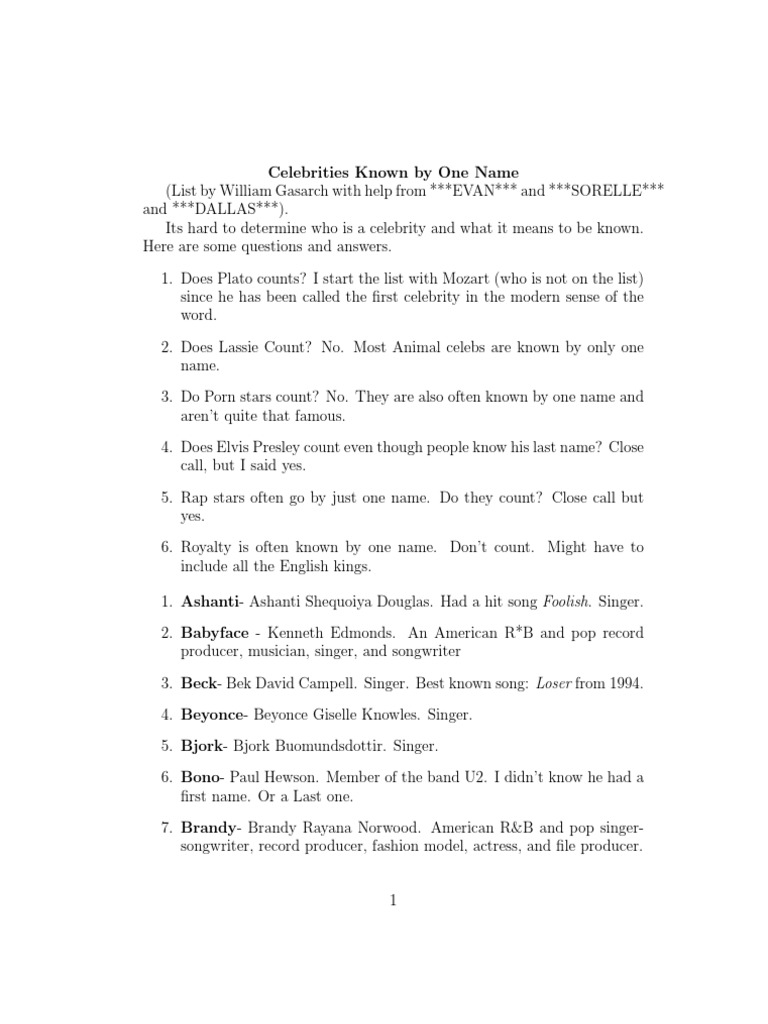 Celebrities Known by One Name | PDF | Musicians | Entertainment
