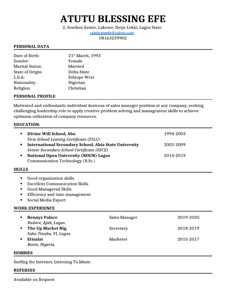 ATUTU BLESSING EFE CV | PDF