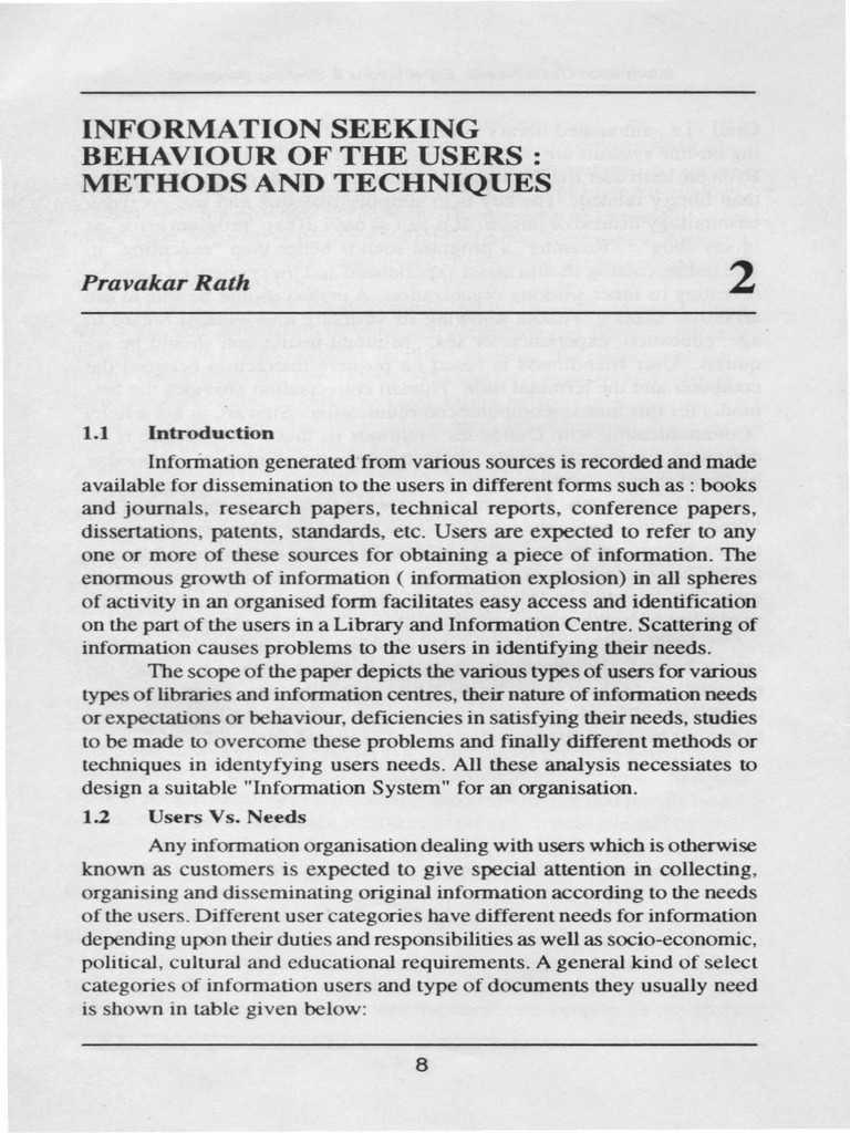 INFORMATION SEEKING BEHAVIOUR OF THE USERS METHODS AND TECHNIQUES | PDF ...