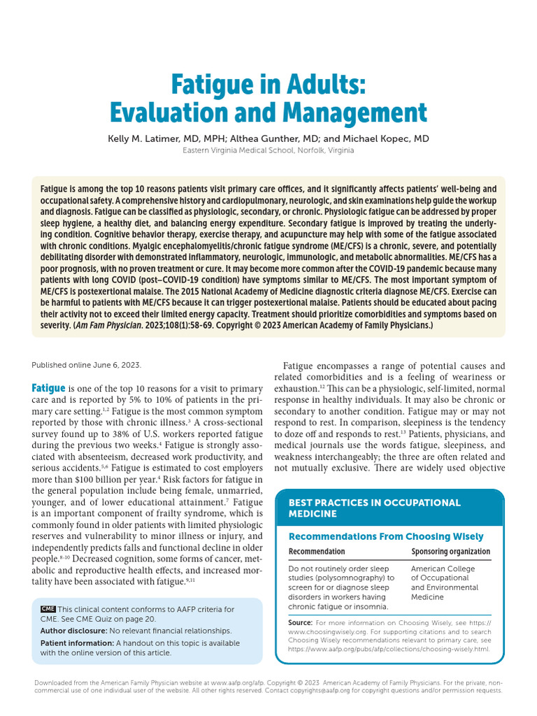 Fatigue in Adults Evaluation | PDF | Chronic Fatigue Syndrome | Medical ...