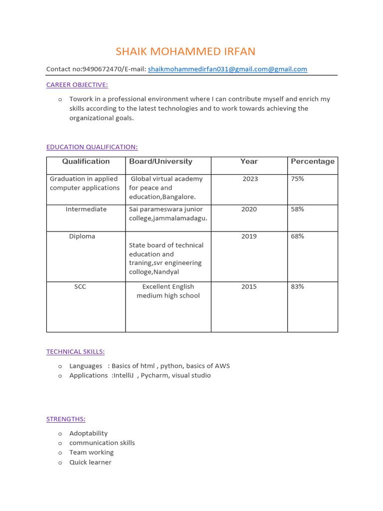 SHAIK MOHAMMED IRFAN 2024 RESUME | PDF