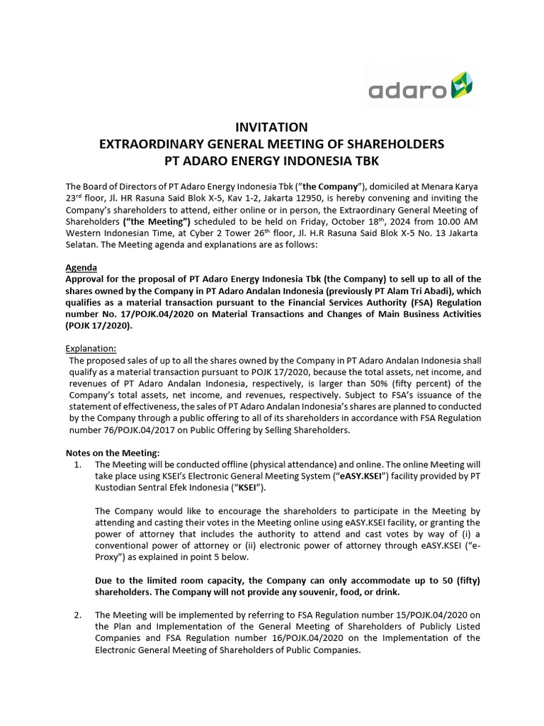 2024 09 26 ADRO ENG Undangan RUPSLB Transaksi Afiliasi | PDF | Power Of ...