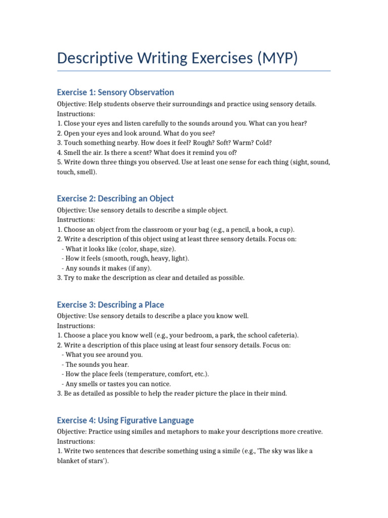 Descriptive Writing Exercises MYP | PDF | Perception | Senses