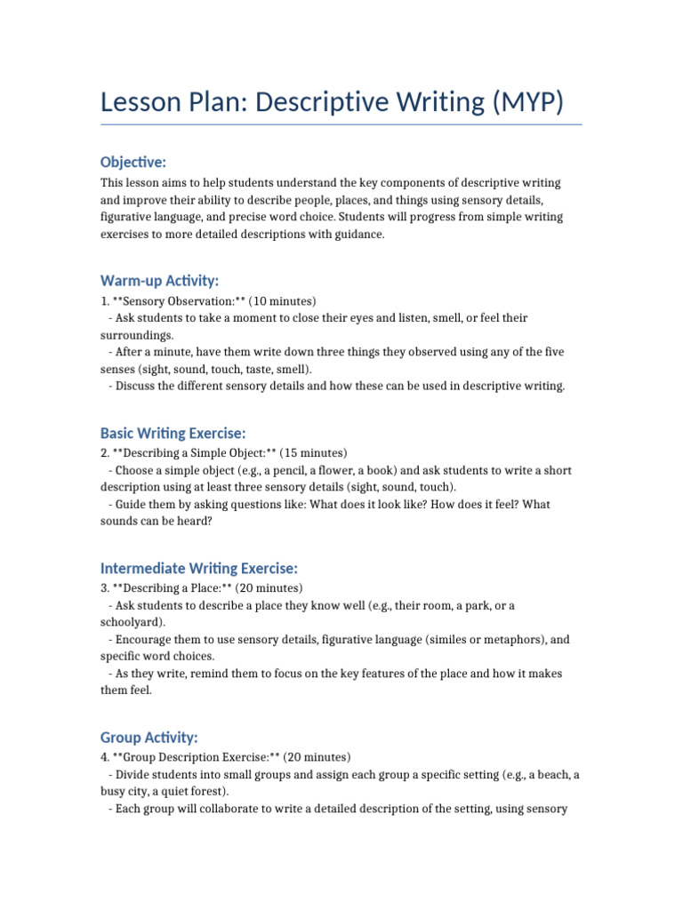 Descriptive Writing Lesson Plan MYP | PDF | Lesson Plan | Perception