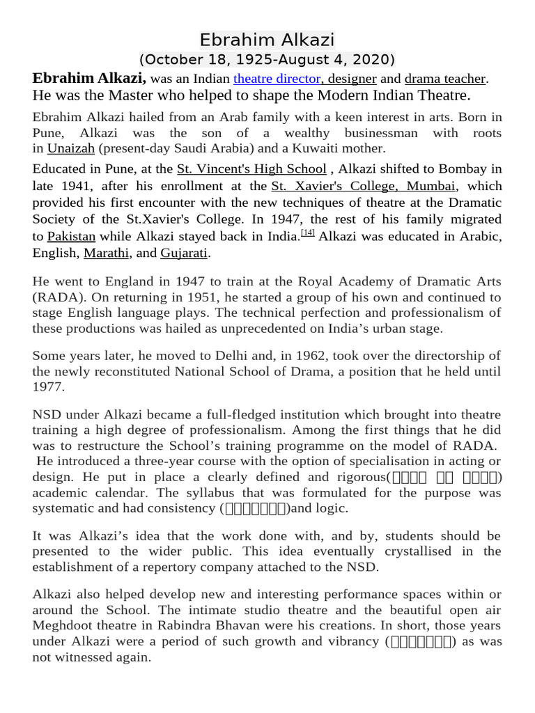 Ebrahim Alkazi | PDF | Performing Arts | Theatre