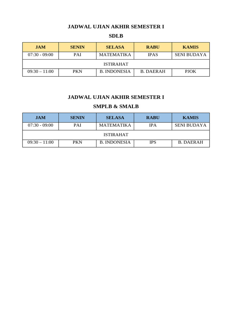 Contoh Jadwal Ujian Semester I123124 | PDF