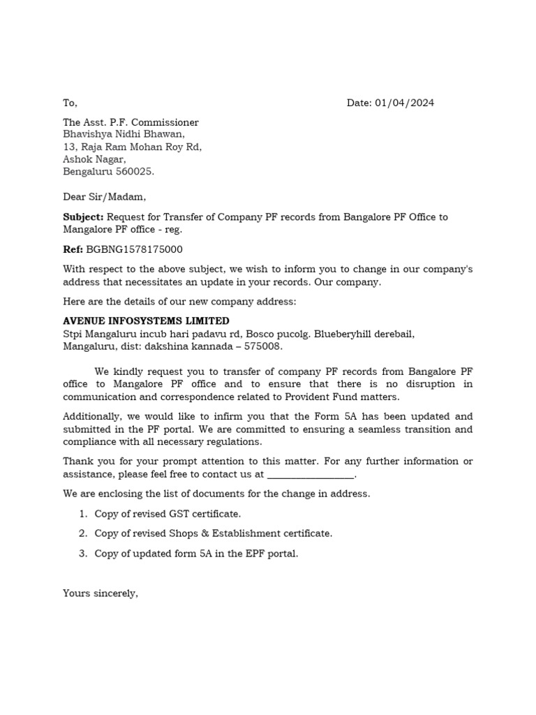PF Records Transfer Request Letter | PDF