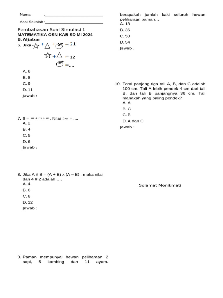 Pembahasan Soal Simulasi 1 No. 6-10 | PDF