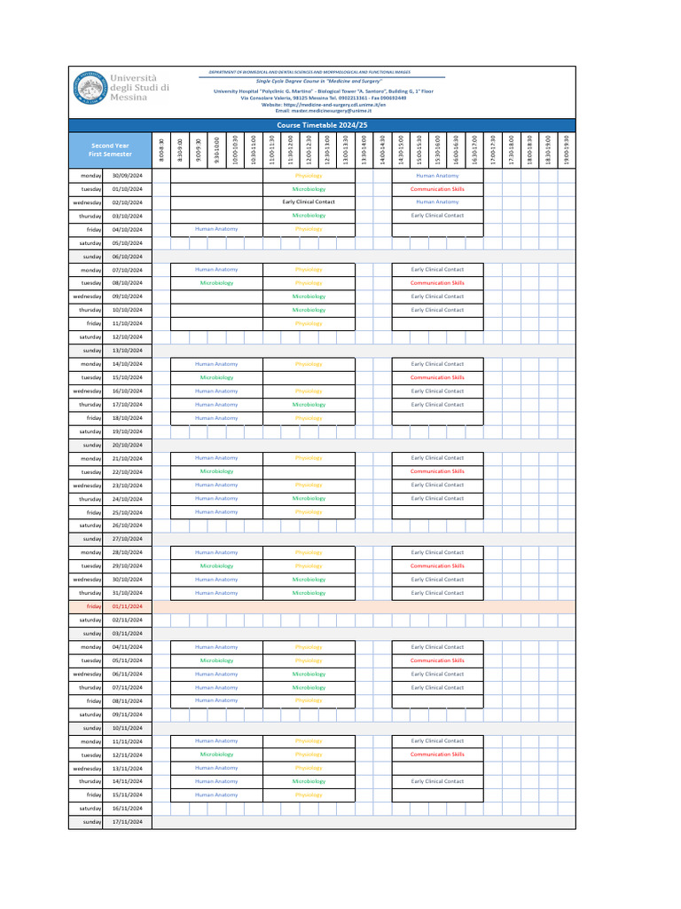 2nd Year Course Timetable A.Y. 2024.25 | PDF | Physiology | Health Sciences