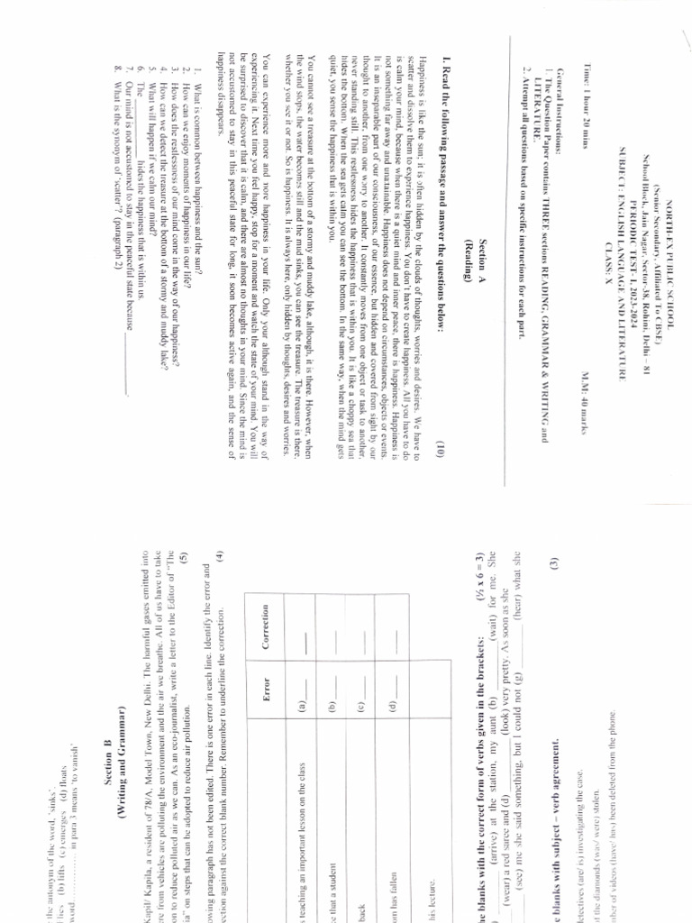 Class X English Periodic Test Paper | PDF