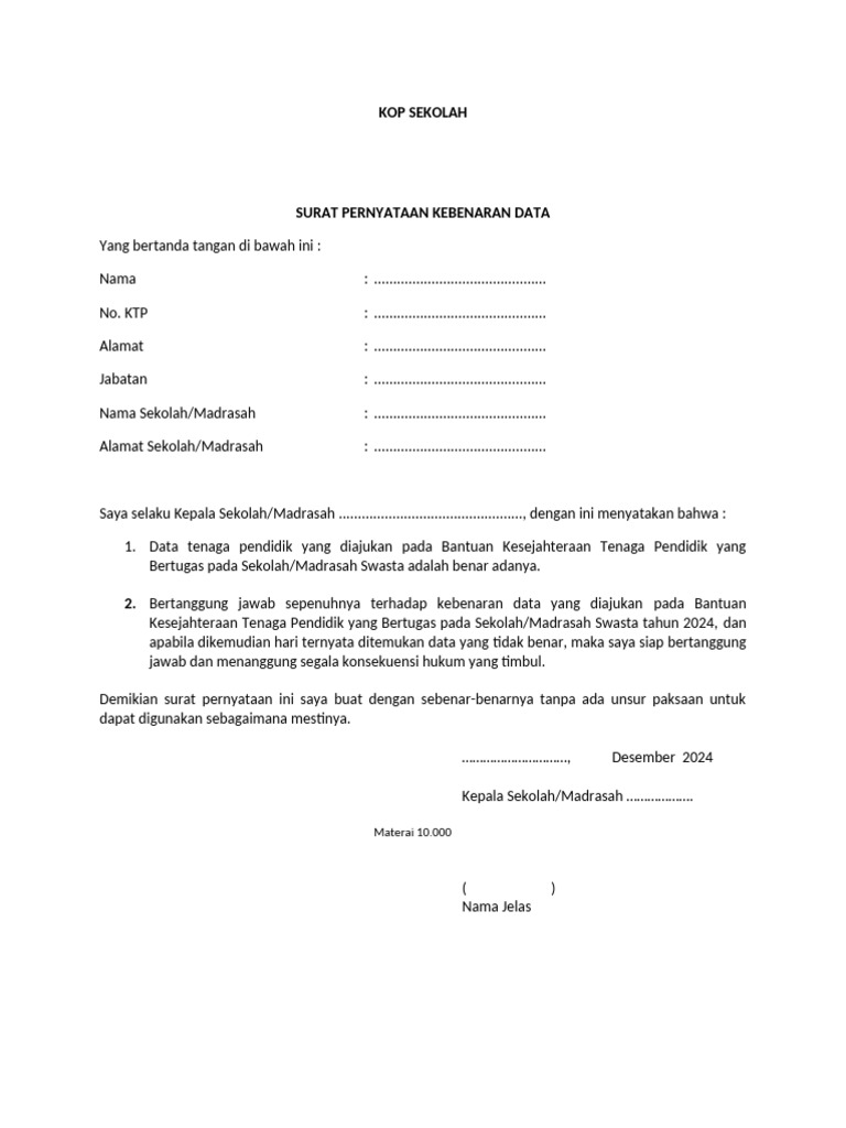 Surat Pernyataan Kebenaran Data | PDF