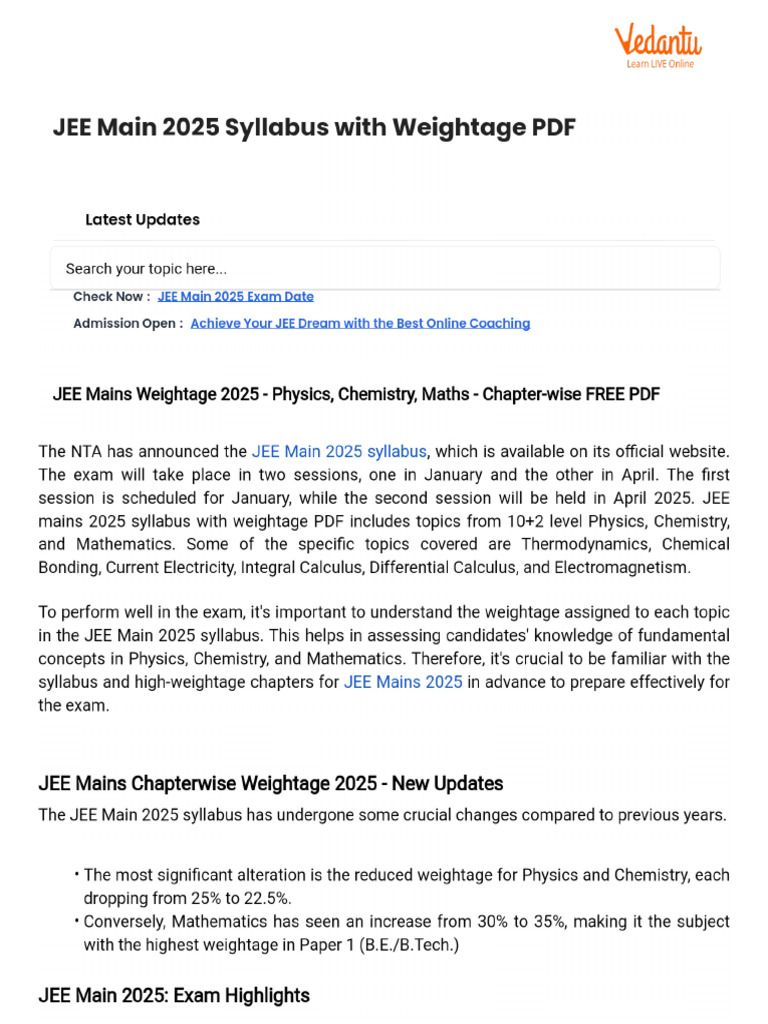 JEE Main 2025 Syllabus With Weightage PDF | PDF