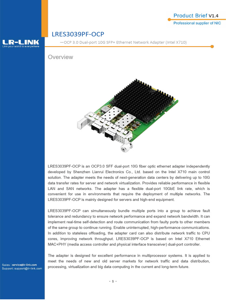 LRES3039PF-OCP Product Brife_V1.4 | PDF | Computer Network | Network Interface Controller