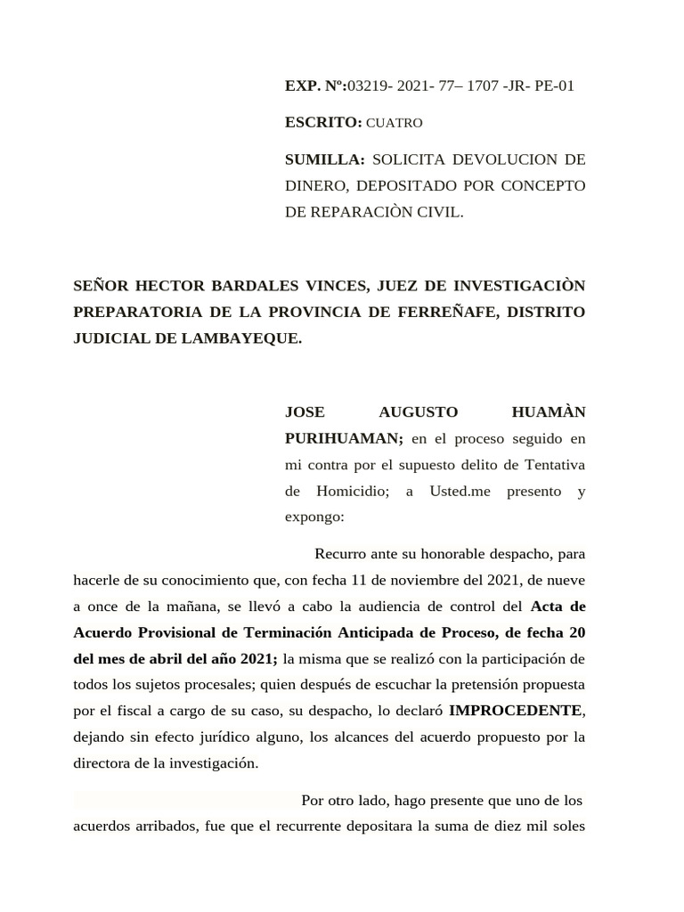 Solicito Devolucion de Dinero | PDF
