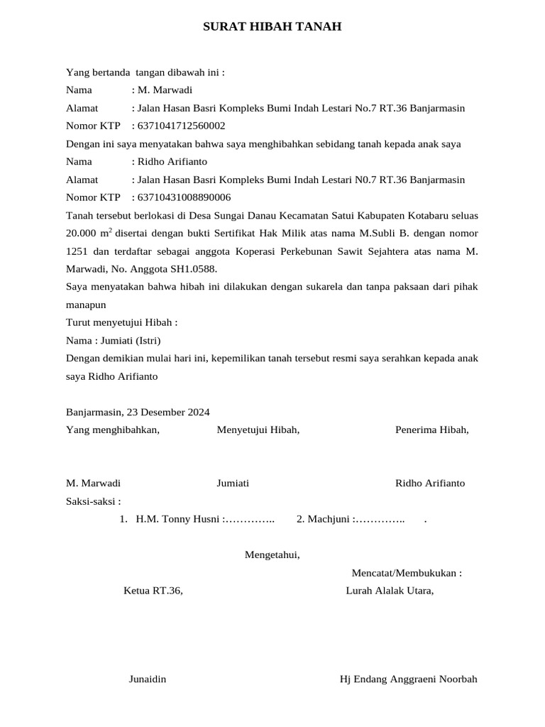 Surat Hibah Tanah 20.000 m2 Banjarmasin | PDF