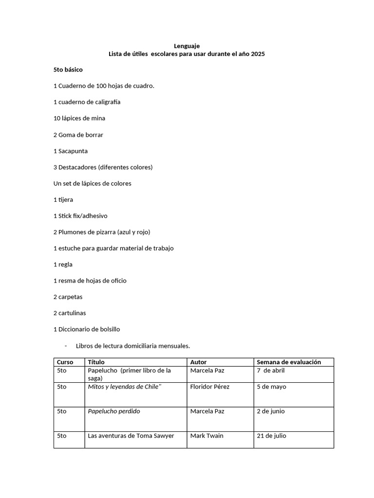 5to-Útiles escolares y plan lector_LENGUAJE 2025 | PDF