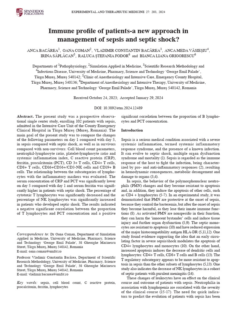 Immune Profile Changes in Sepsis Patients | PDF | Sepsis | T Cell