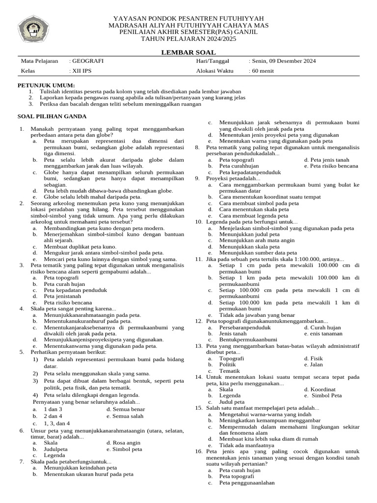 Soal Geografi Xii Ips (Pas) Ma 2024-2025 | PDF