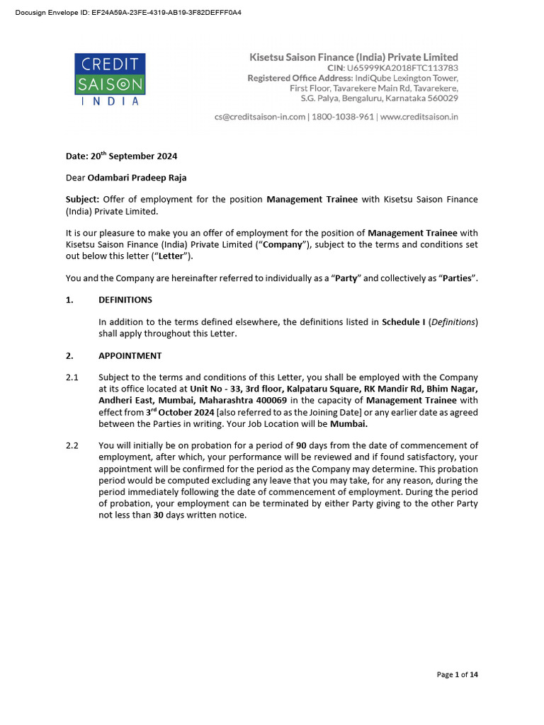 Odambari Pradeep Raja - Offer Letter (1) | PDF | Breach Of Contract | Employment