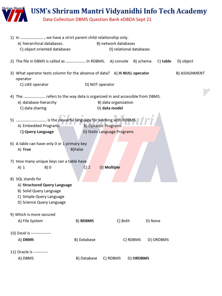 Data Collection DBMS Question Bank | PDF | Relational Database | Databases