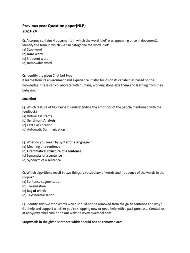 NLP Exam Questions 2023-24 | PDF | Semantics | Computing