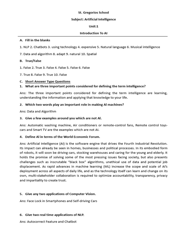 Class10 AI Unit 1 Introduction To AI | PDF | Machine Learning | Deep ...