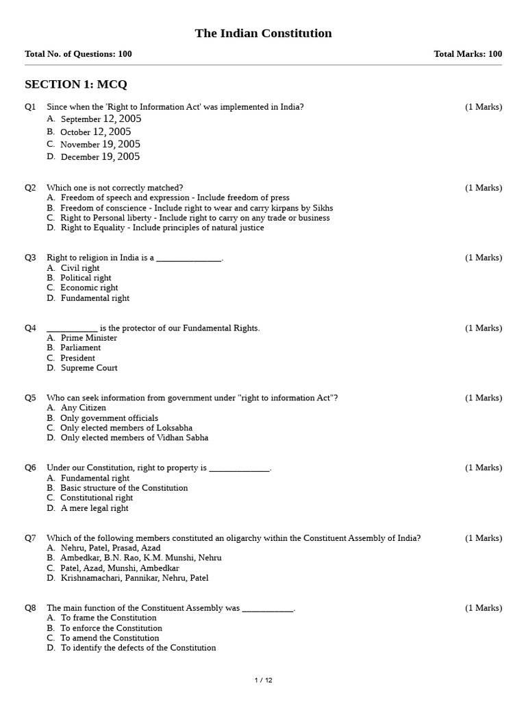 Section 1: MCQ: The Indian Constitution | PDF | Political Charters ...
