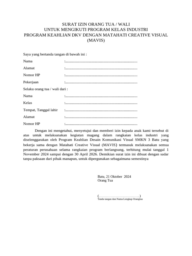 Surat Izin Magang DKV di MAVIS | PDF
