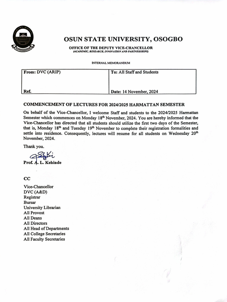 Commencement of Lectures Harmattan 2024 - 2025 | PDF