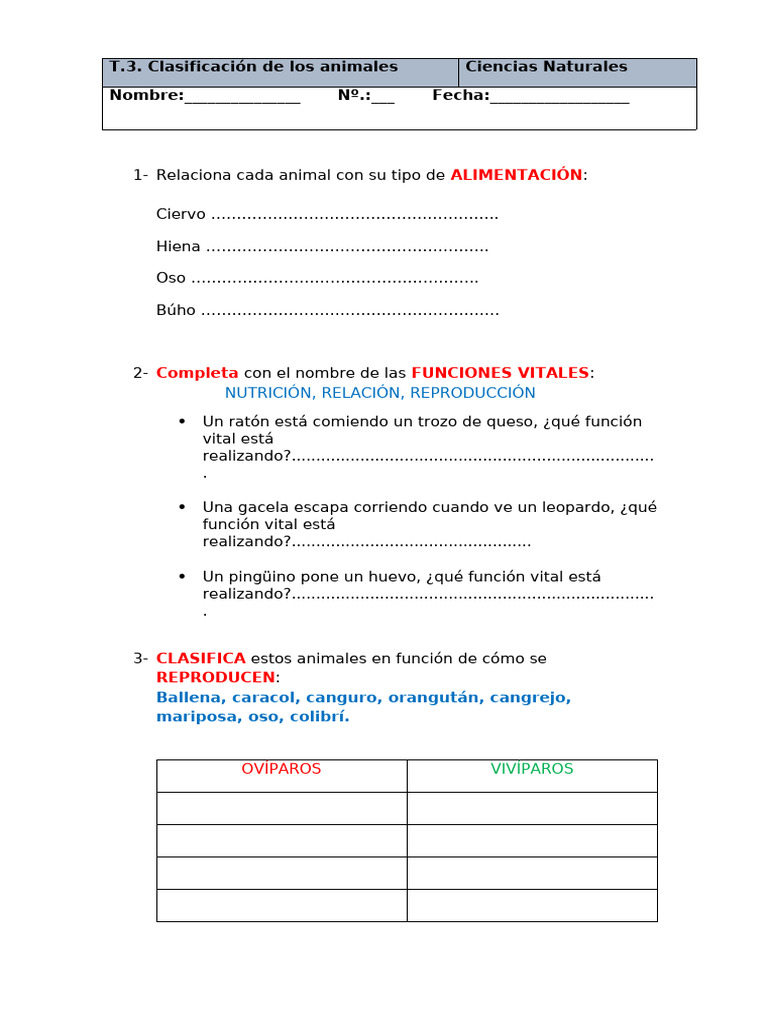 Control T3 Clasificación Animales. MUY Adaptado | PDF