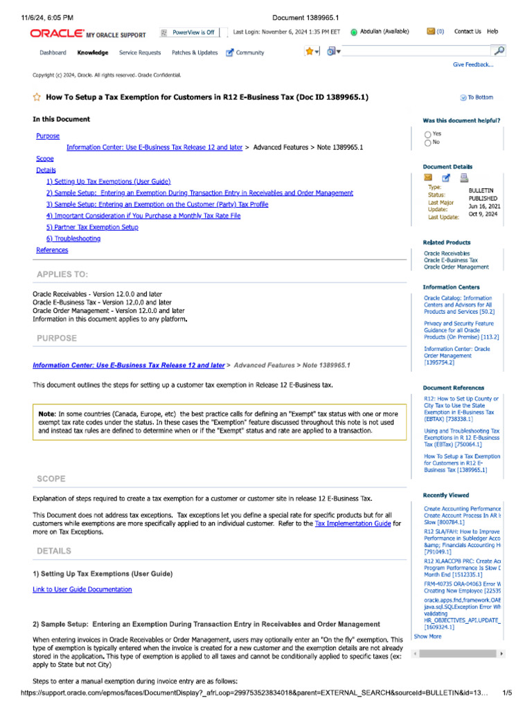 How To Setup A Tax Exemption For Customers in R12 E-Business Tax (Doc ID 1389965.1) | PDF