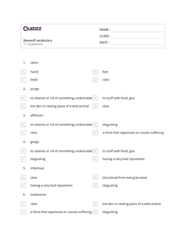 Beowulf Vocabulary Quiz and Answers | PDF