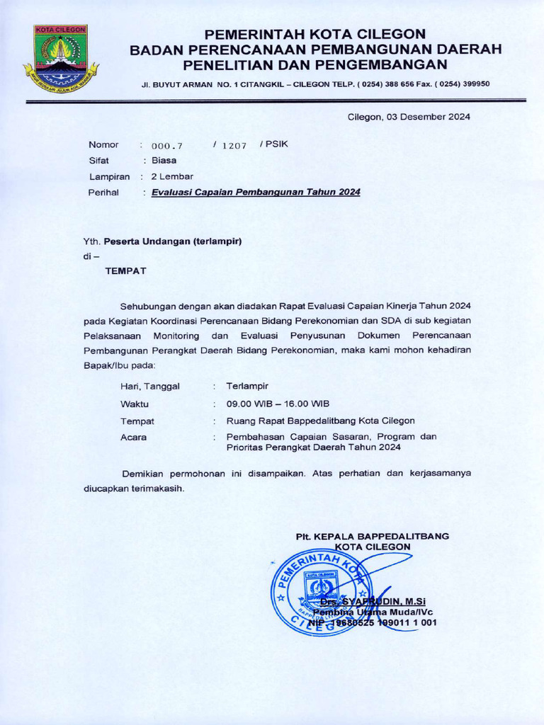 Undangan Rapat Evaluasi Capaian Pembangunan Tahun 2024 Fix | PDF