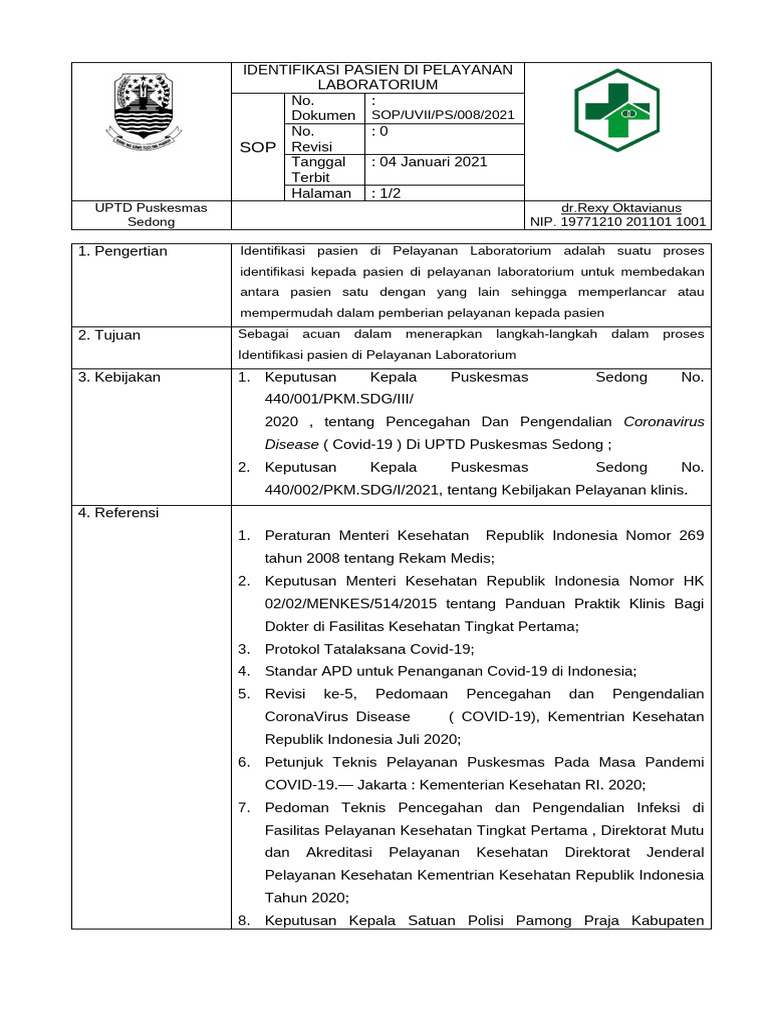 Sop Identifikasi Pasien Laboratorium | PDF